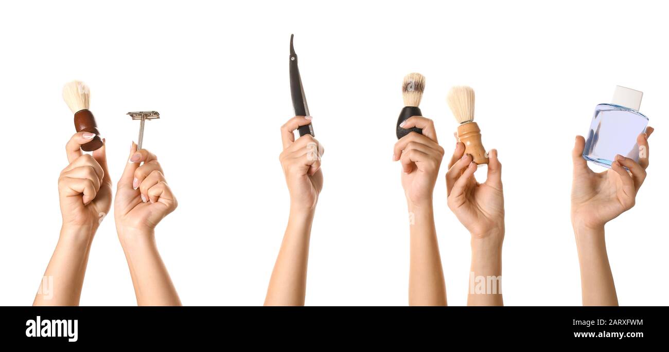 Hands with different tools for shaving on white background Stock Photo ...
