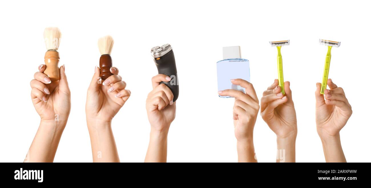 Hands with different tools for shaving on white background Stock Photo ...