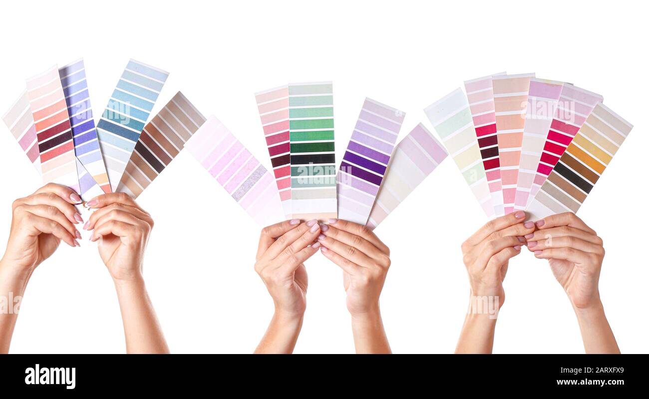 Female hands with color samples on white background Stock Photo - Alamy