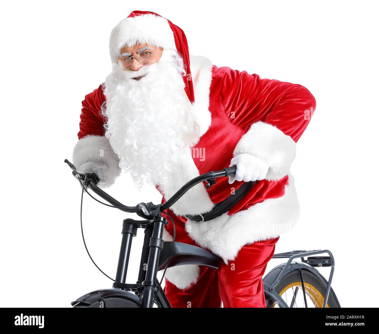 Santa Claus riding bicycle on white background Stock Photo - Alamy