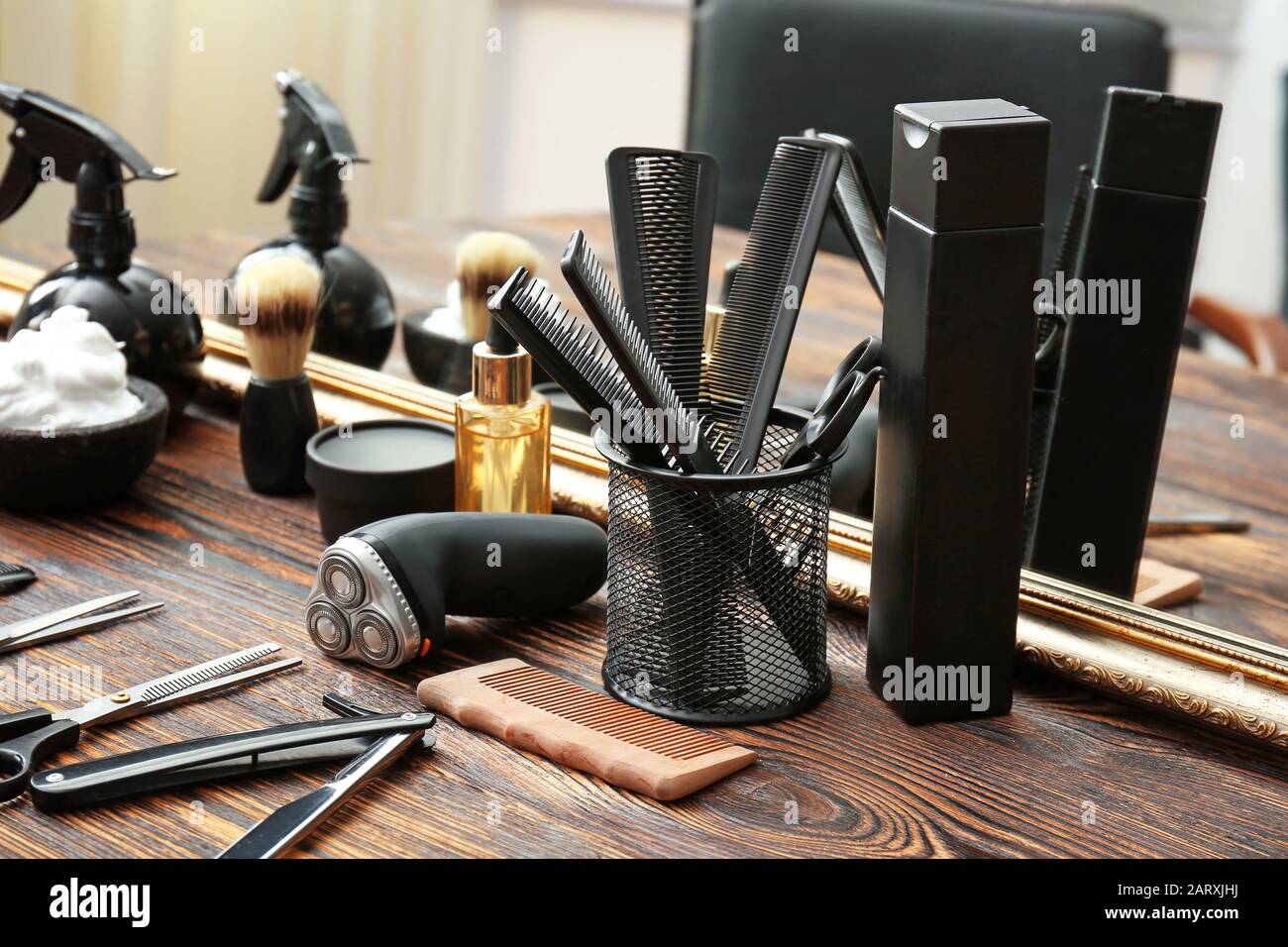 Professional barber's tools on table in salon Stock Photo - Alamy