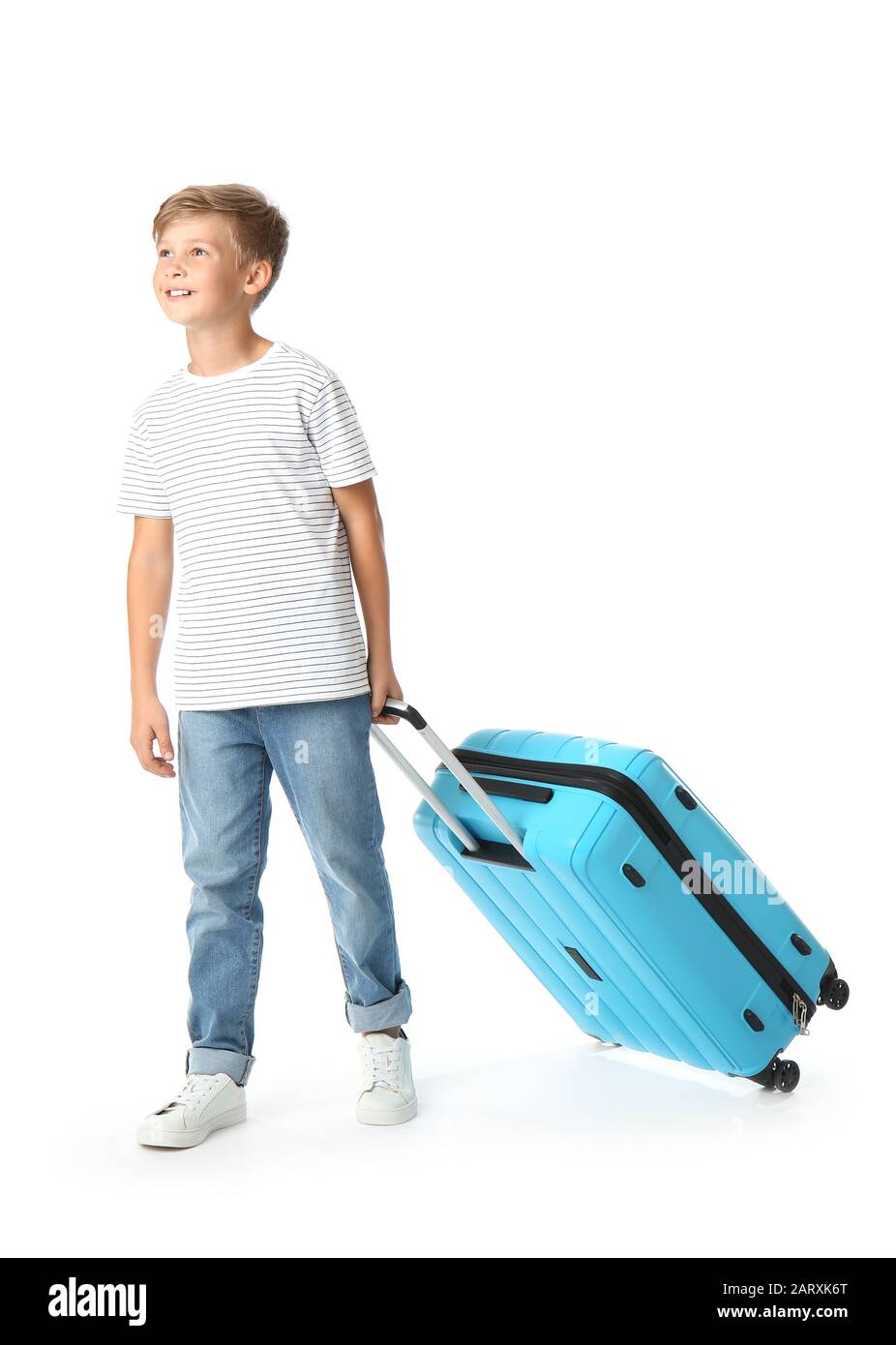 Cute little boy with suitcase on white background Stock Photo - Alamy
