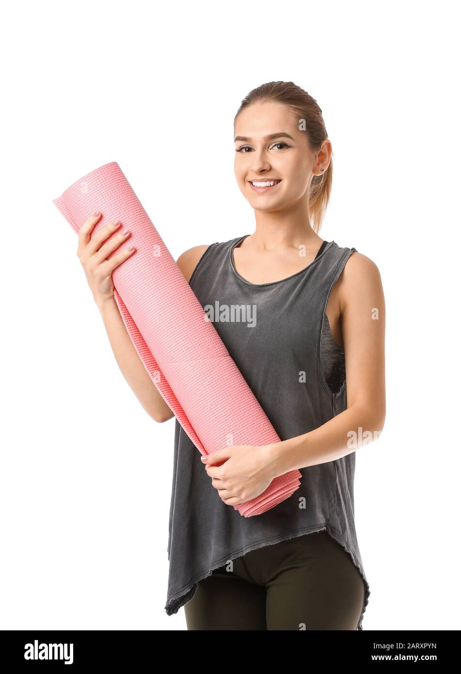 Beautiful young woman with yoga mat on white background Stock Photo - Alamy