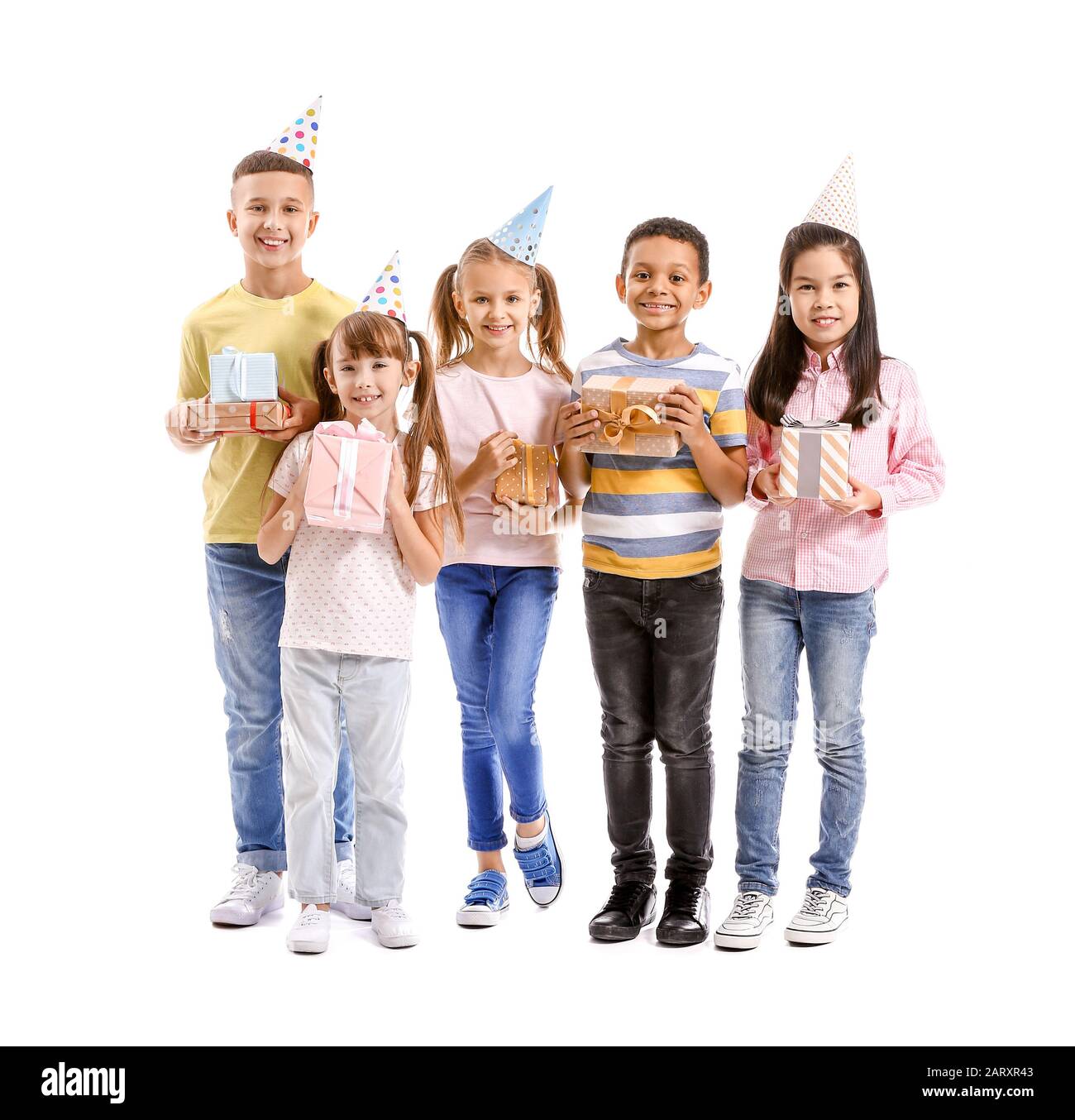 Little children with Birthday gifts on white background Stock Photo - Alamy