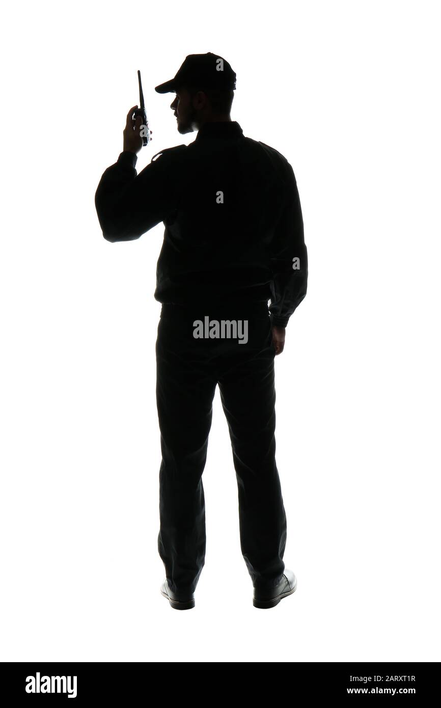 Silhouette of male security guard on white background Stock Photo - Alamy