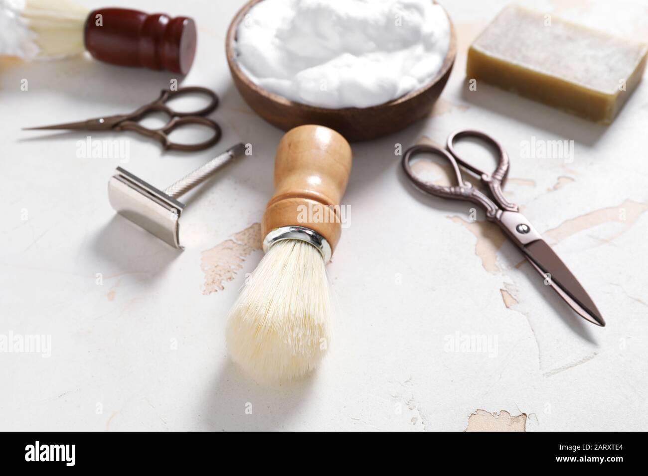 Set for male shaving on light background Stock Photo - Alamy