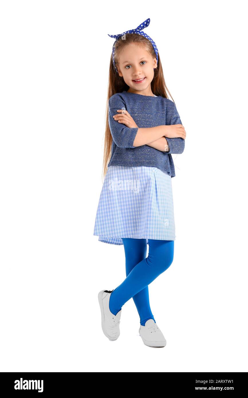 Fashionable little girl in autumn clothes on white background Stock ...