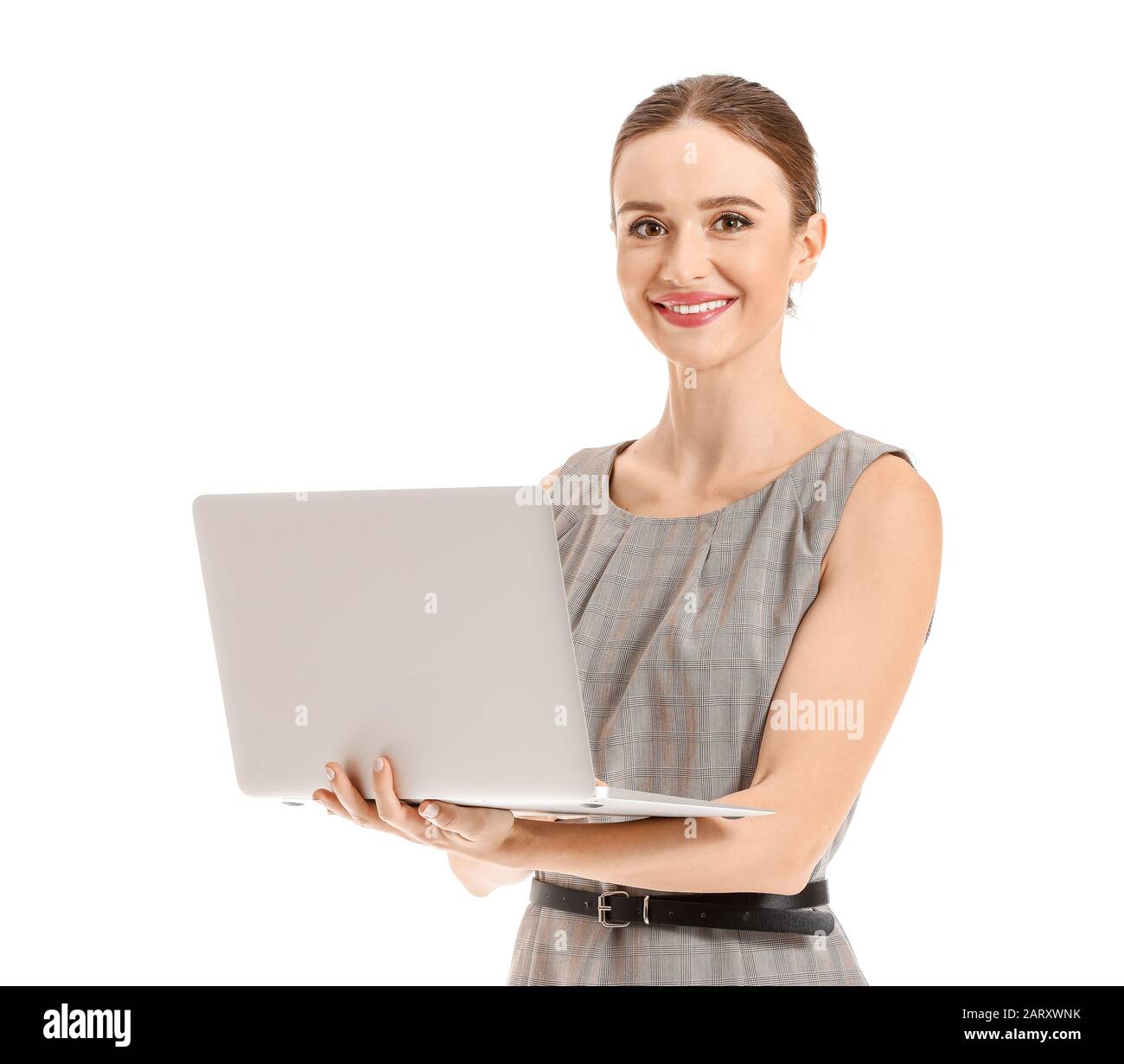 Female real estate agent with laptop on white background Stock Photo ...
