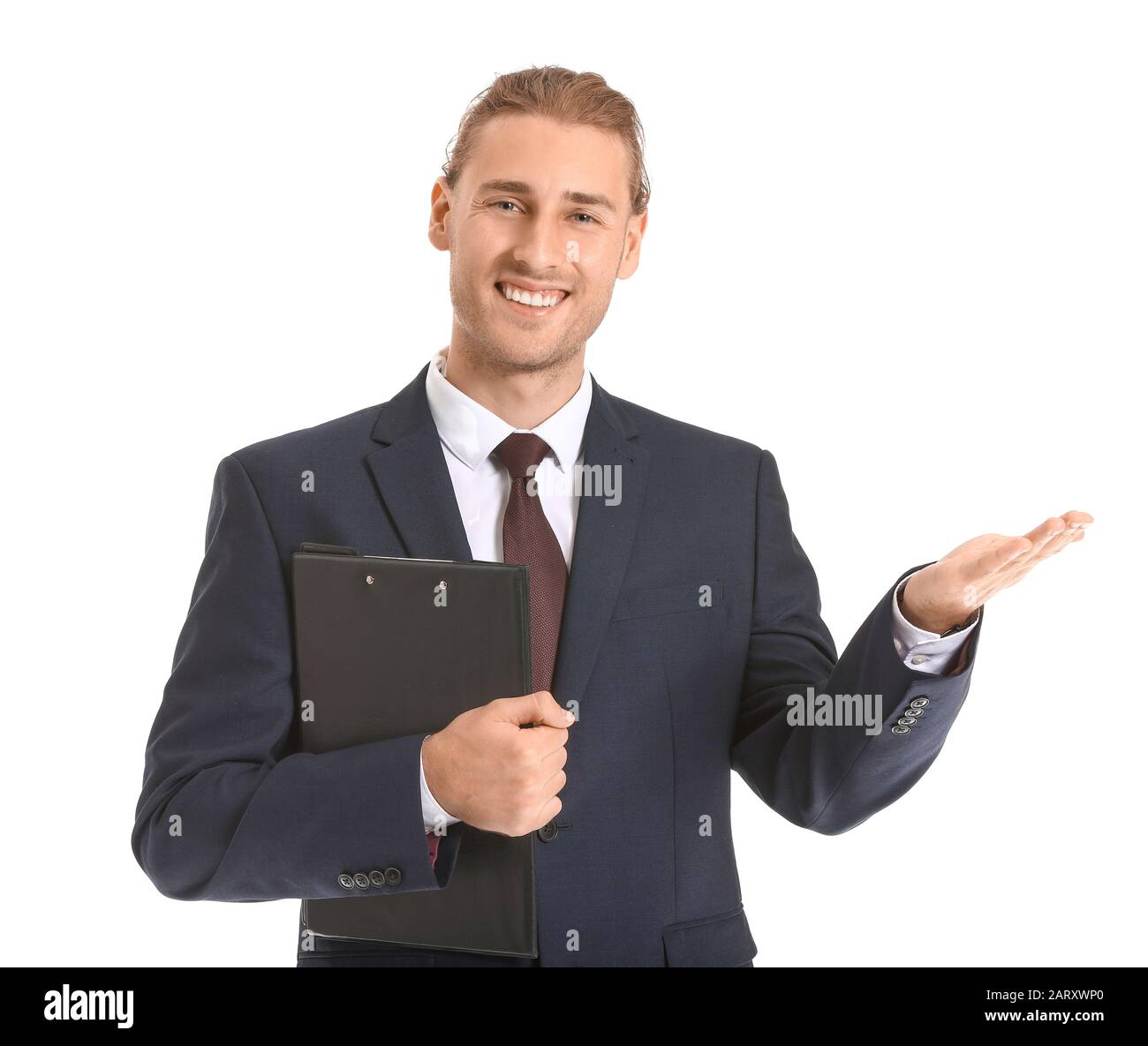 Male real estate agent on white background Stock Photo - Alamy