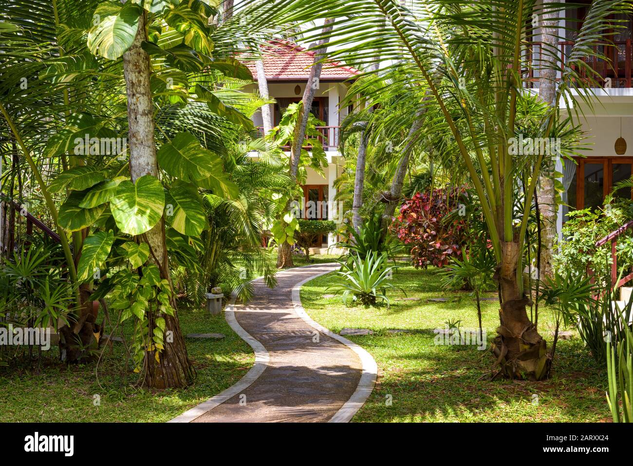 Natural landscaping with the stone path in a tropical hotel. Landscaped ...