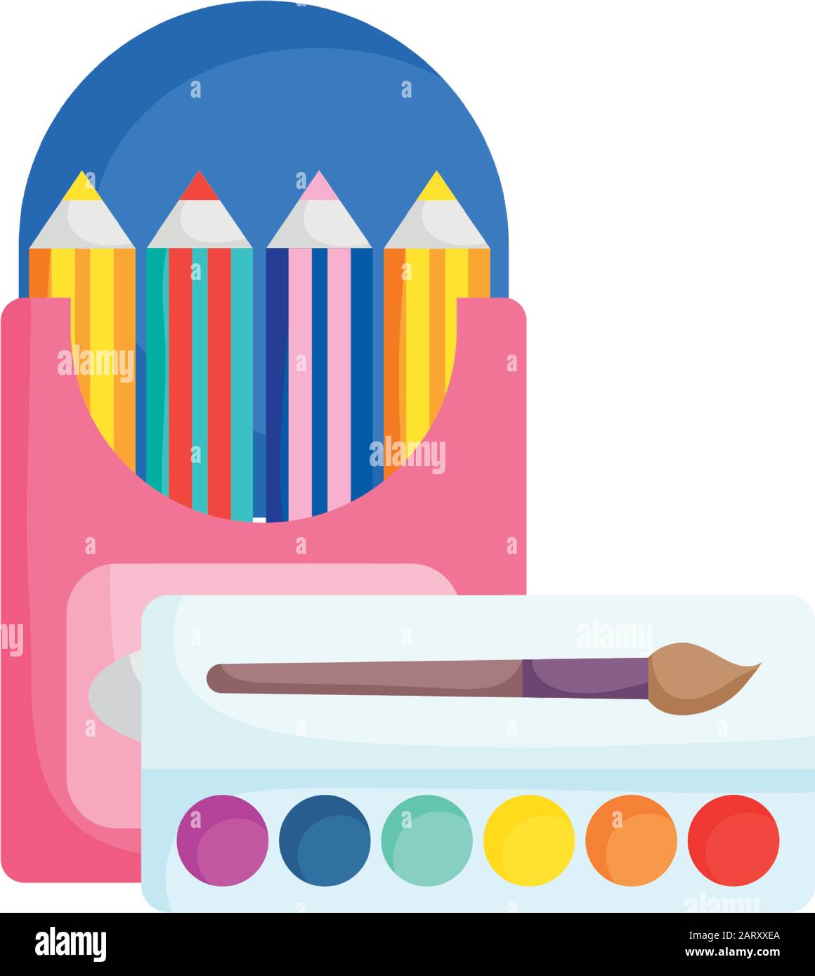 back to school education colored pencils in box and palette color brush ...