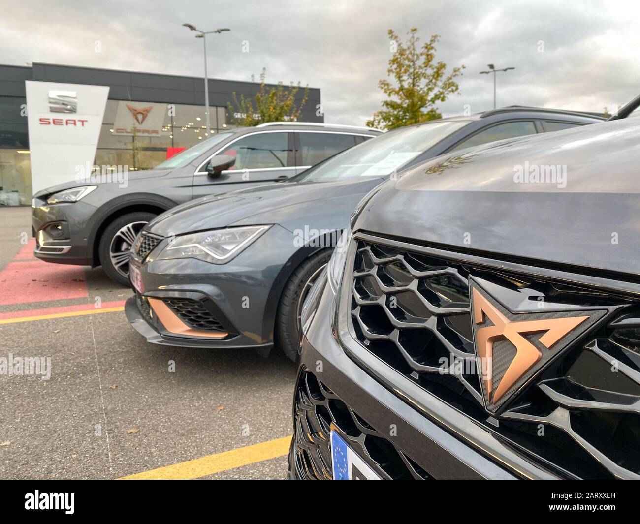 Paris, France - Oct 25, 2019: Row of multiple sport luxury Seat Cupra ...