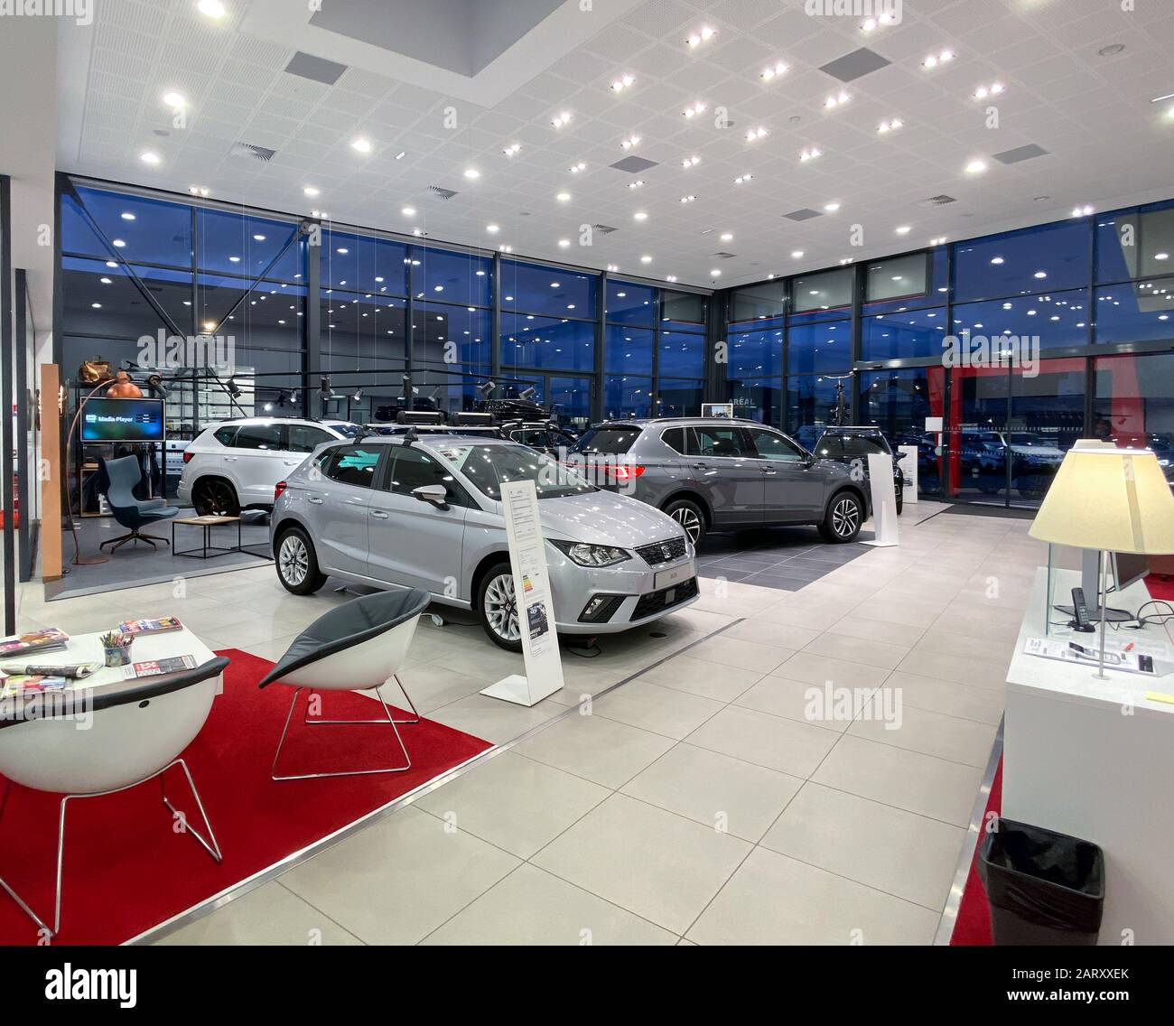 Paris, France - Oct 25, 2019: Wide angle view of empty car dealership ...
