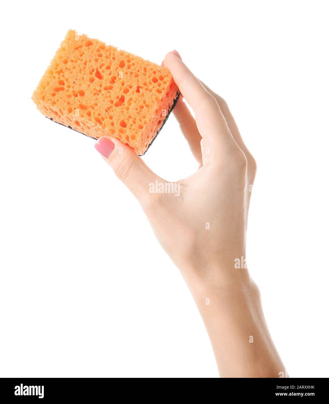 Female hand with cleaning sponge on white background Stock Photo - Alamy