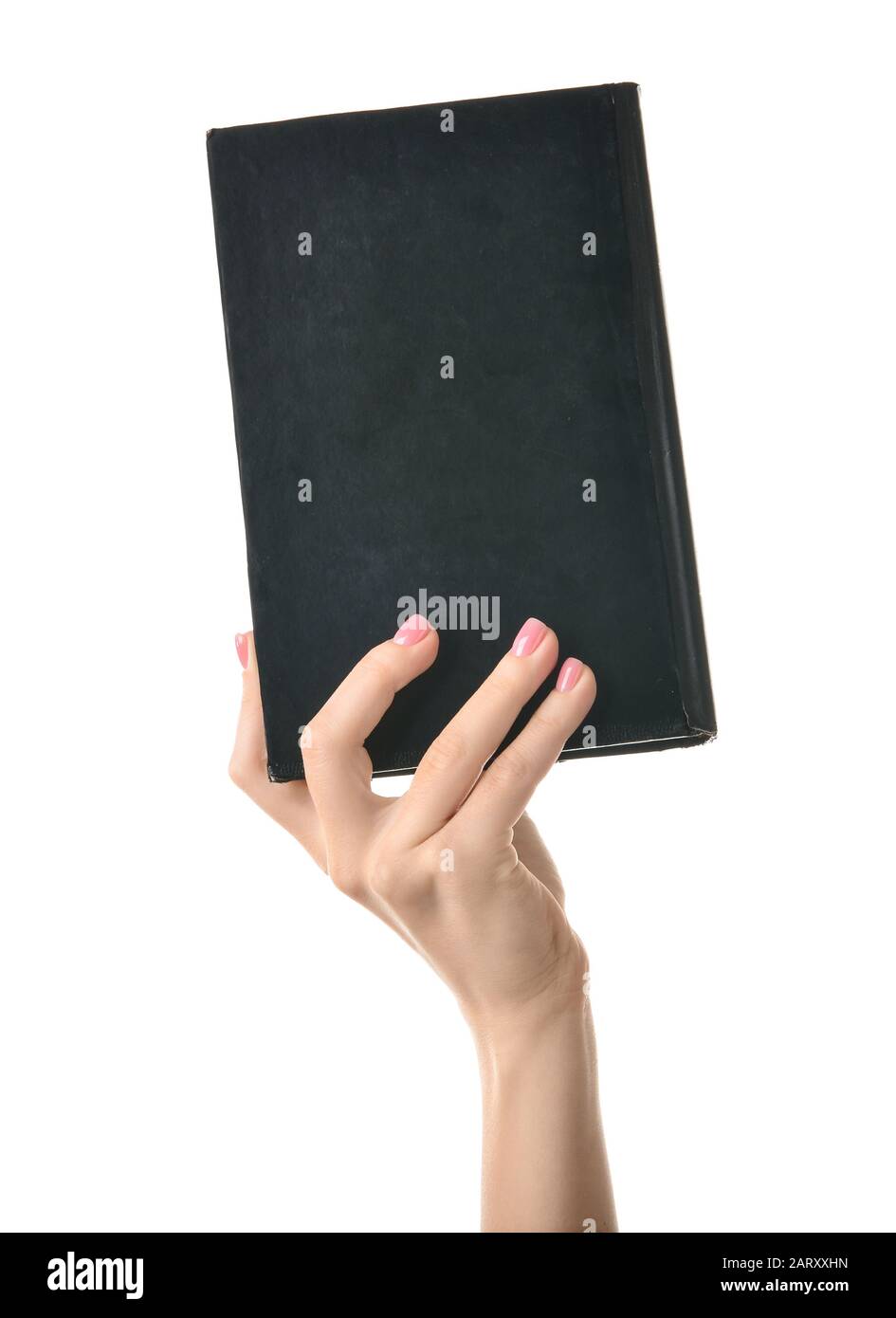 Female hand with book on white background Stock Photo - Alamy
