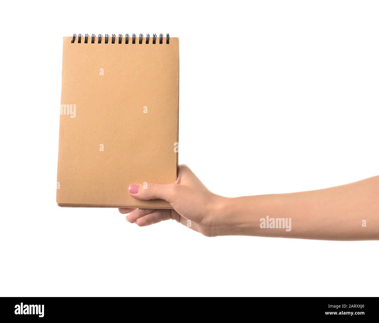 Female hand with notebook on white background Stock Photo - Alamy