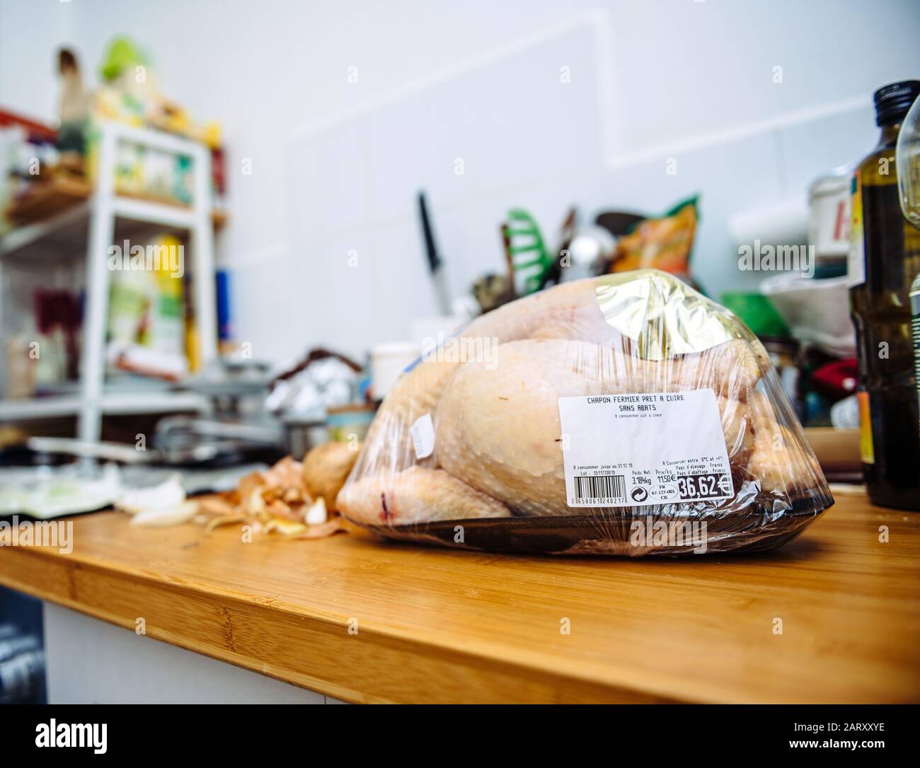 Paris, France - Dec 24, 2019: Busy kitchen interior with Unpacked from ...