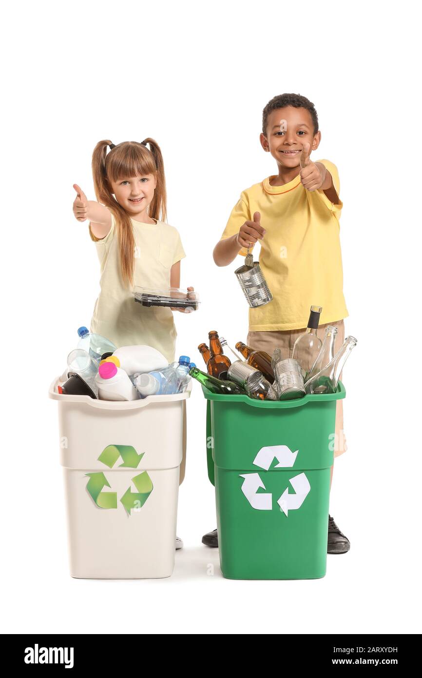 Little children and containers with trash on white background. Concept ...