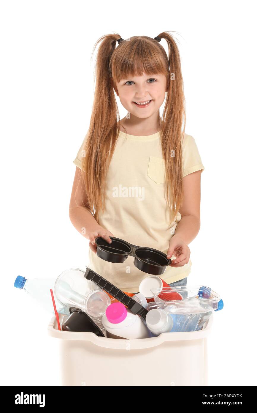 Little girl and container with trash on white background. Concept of ...