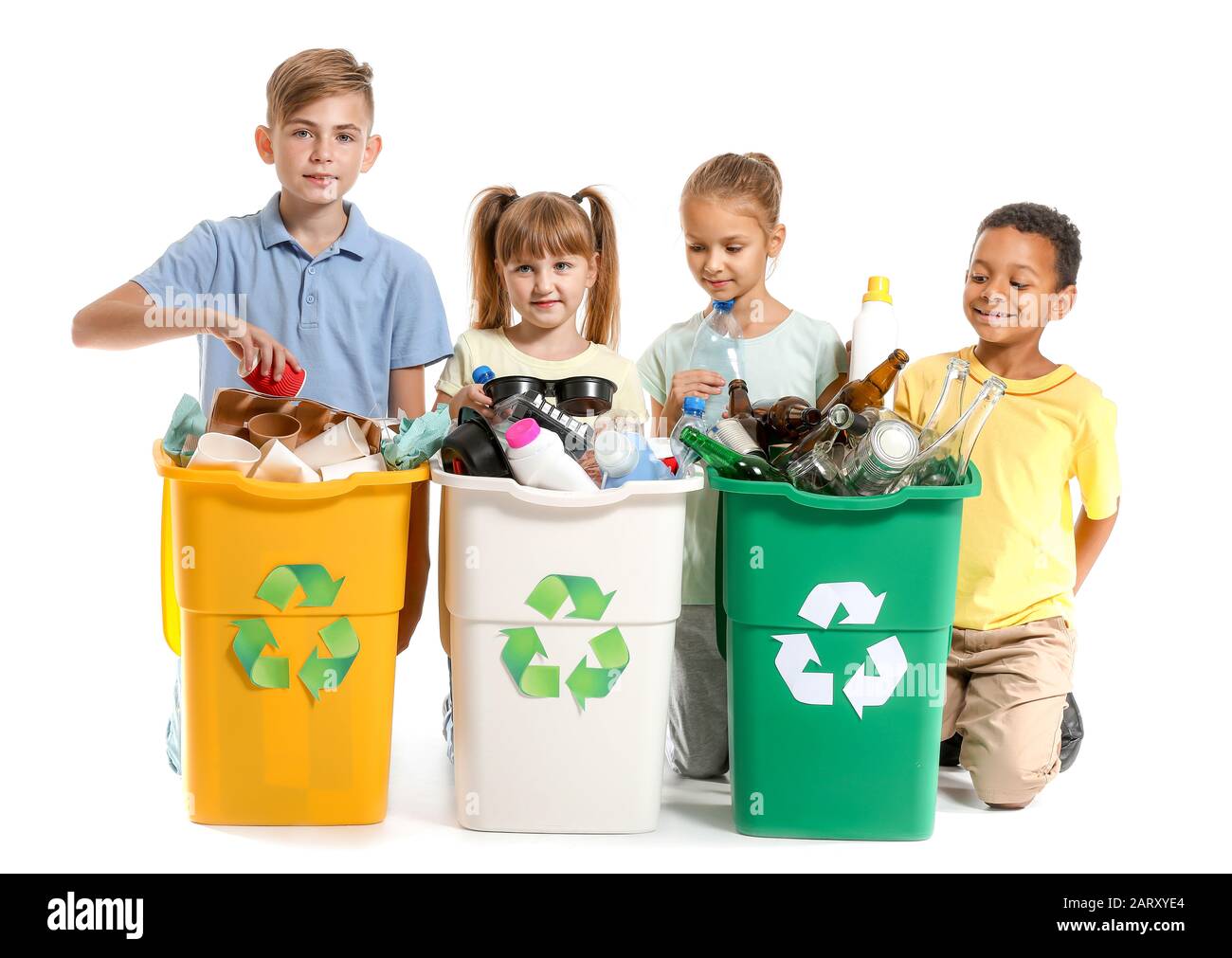 Little children and containers with trash on white background. Concept ...