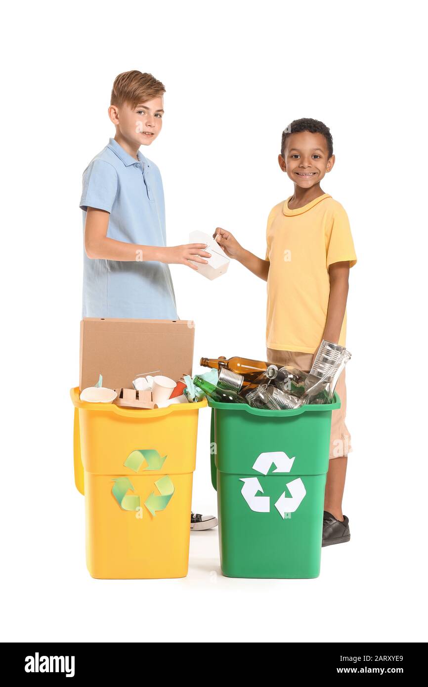 Little boys and containers with trash on white background. Concept of ...