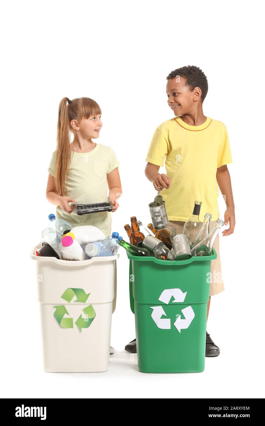 Little children and containers with trash on white background. Concept ...