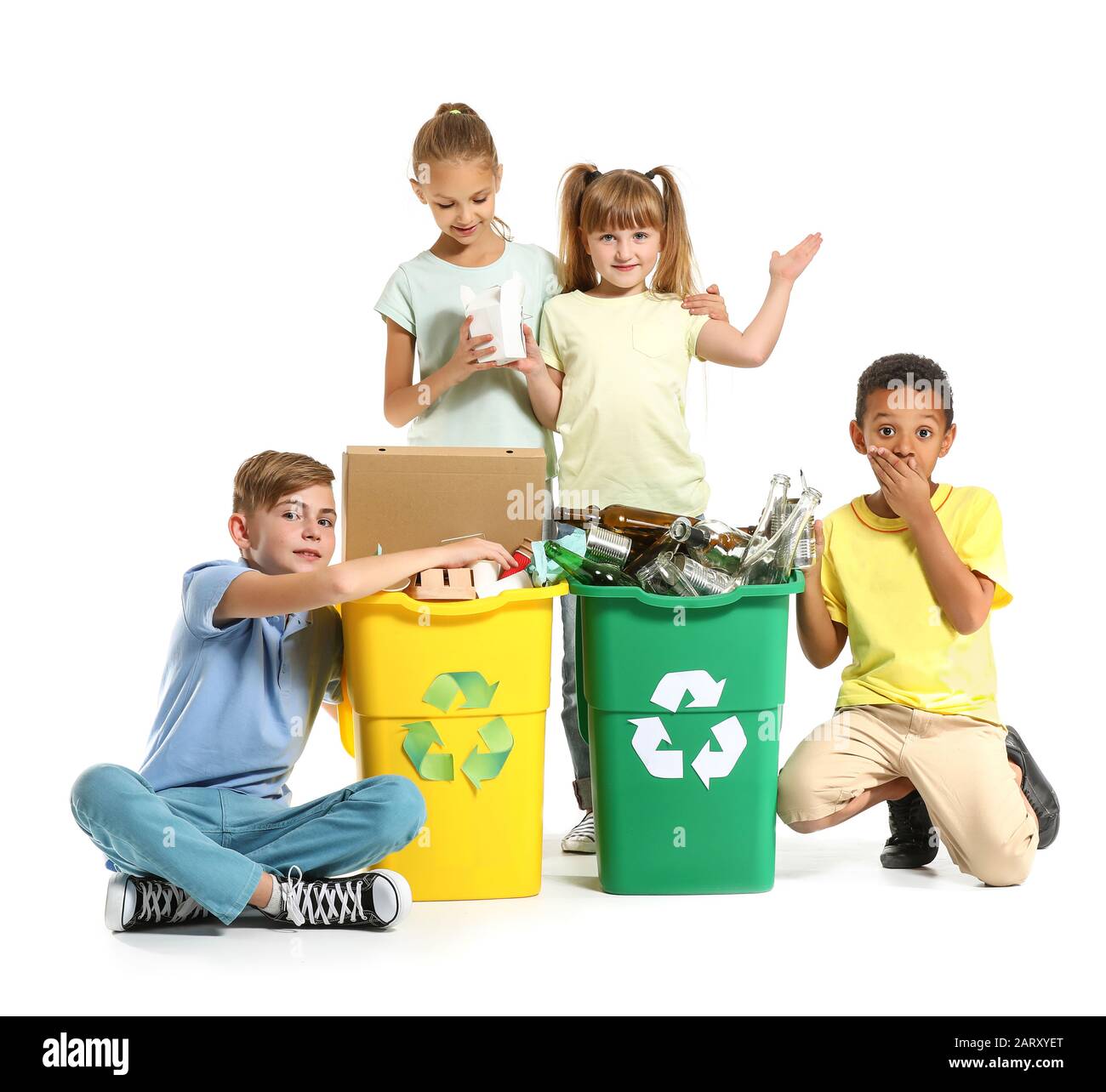 Little children and containers with trash on white background. Concept ...