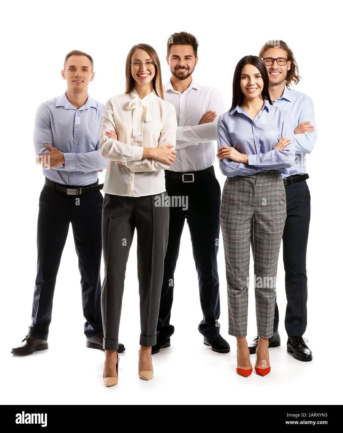 Group of friends in formal clothes on white background Stock Photo - Alamy