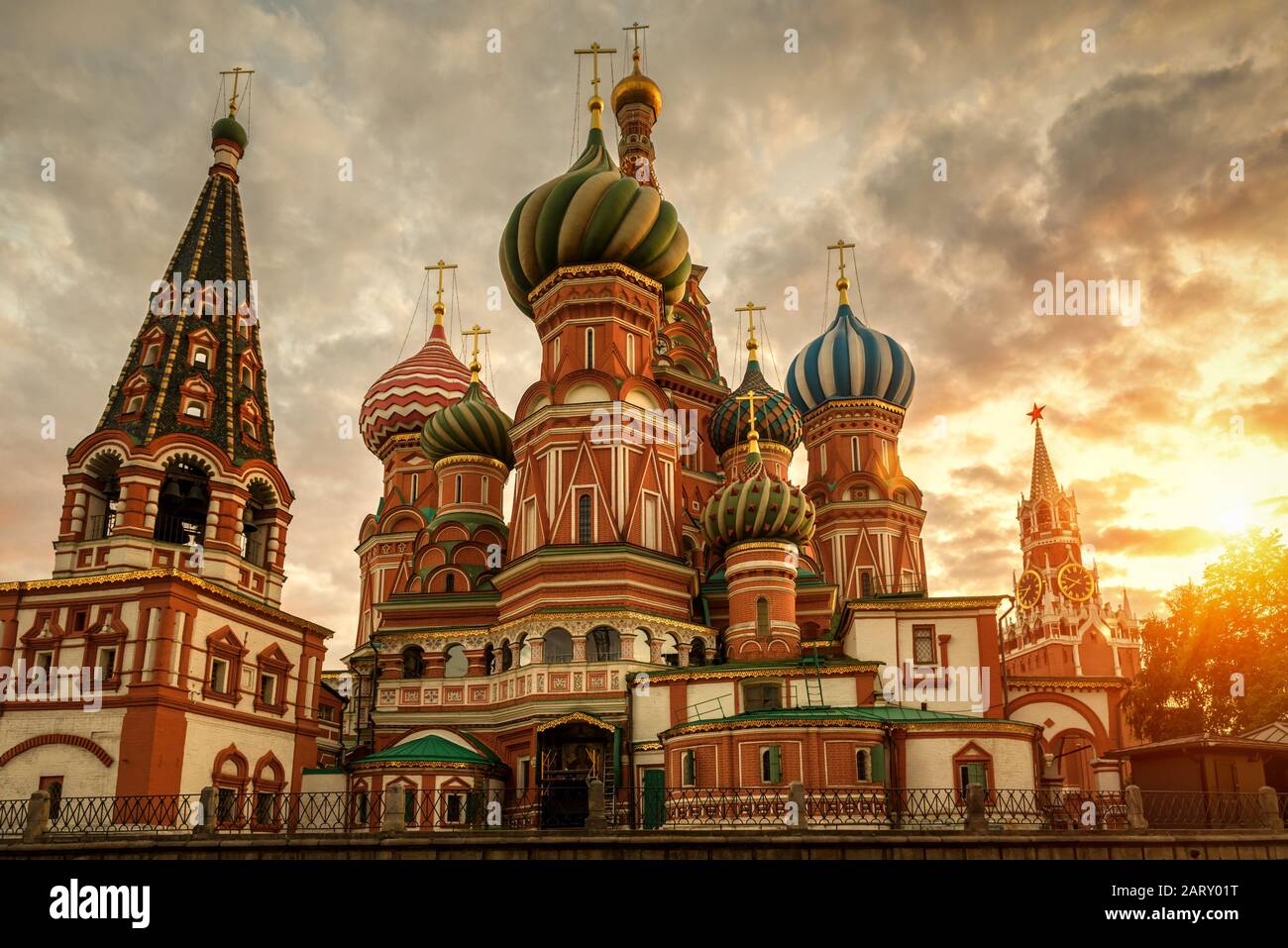 St Basil`s Cathedral and Moscow Kremlin at sunset, Russia. St Basil`s ...