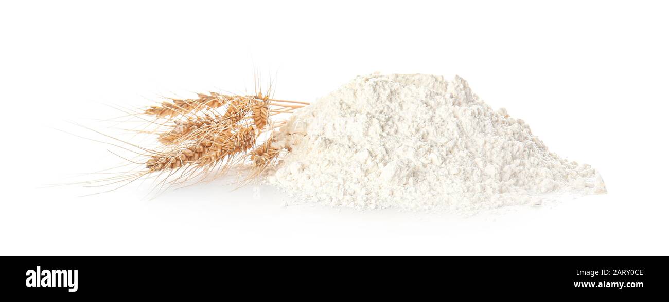 Heap of flour on white background Stock Photo - Alamy