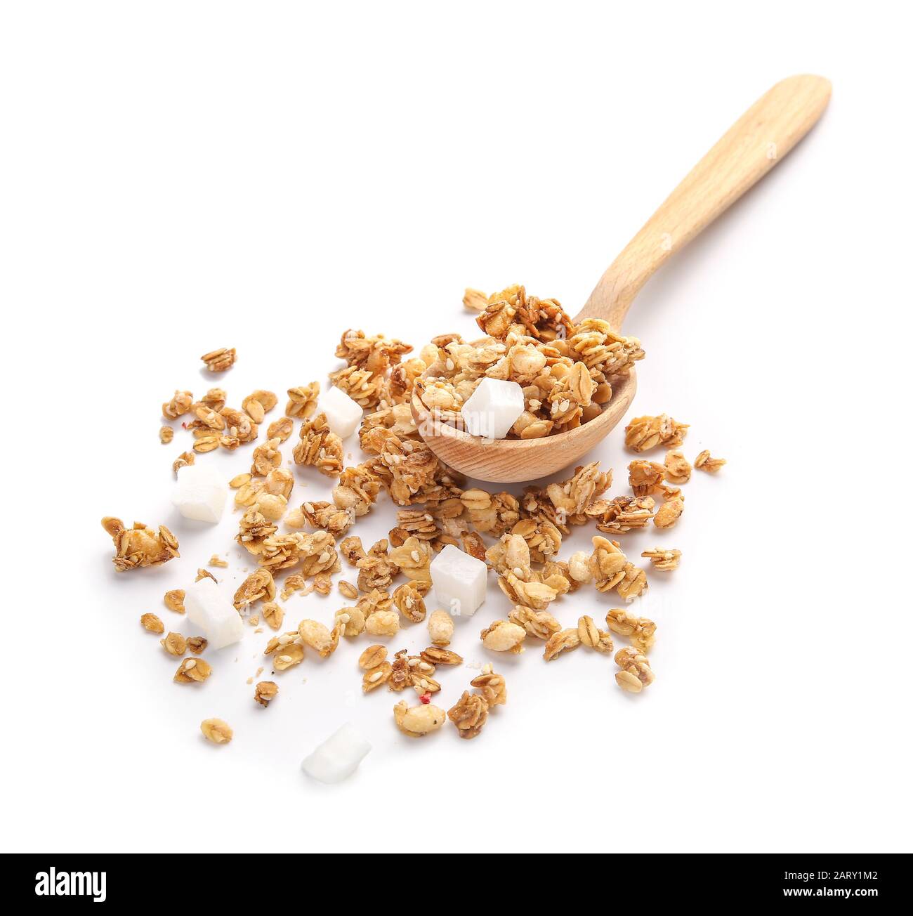 Spoon with tasty granola on white background Stock Photo - Alamy