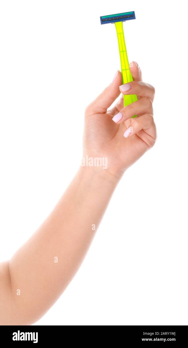 Female hand with razor on white background Stock Photo - Alamy