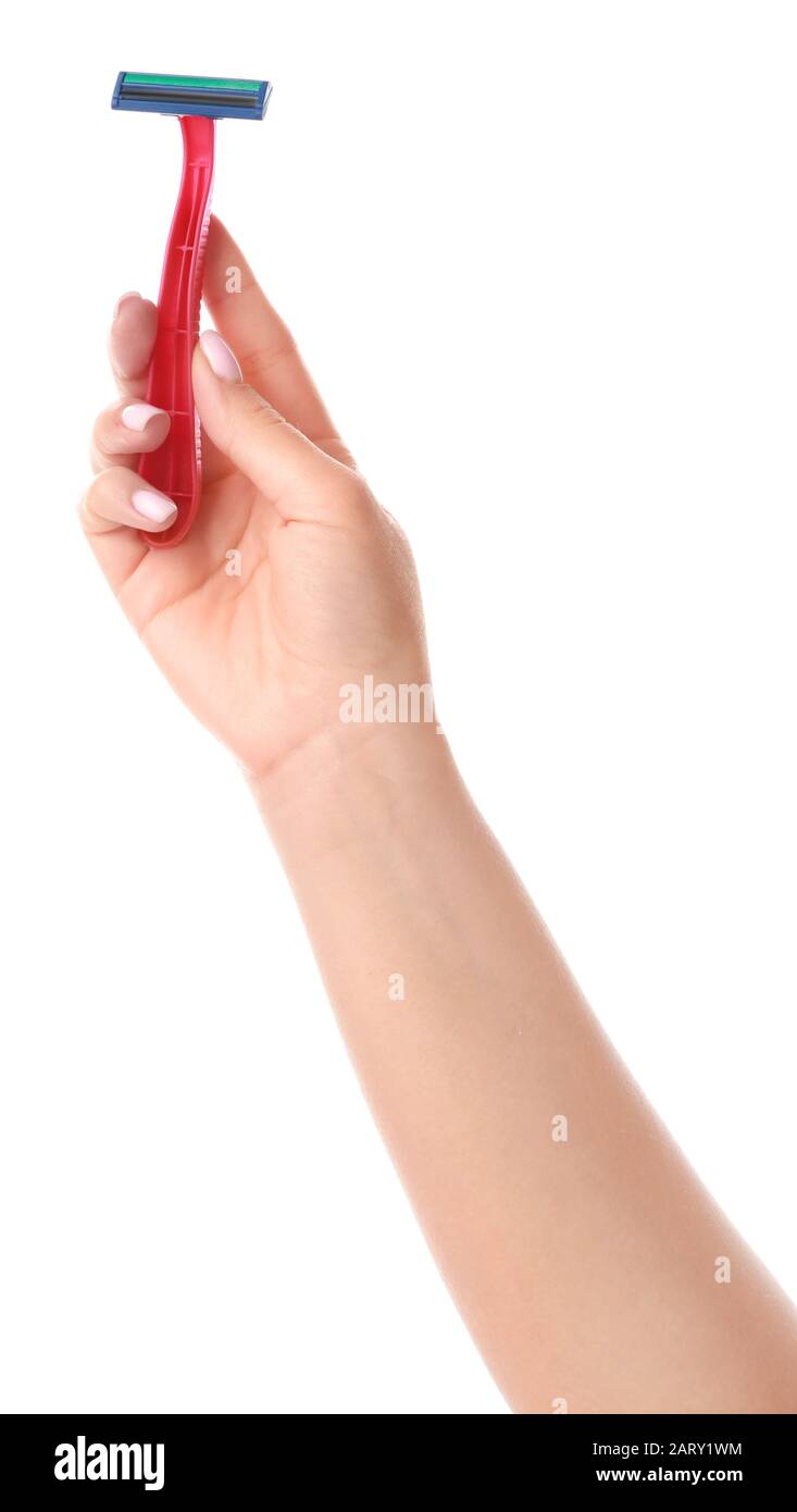 Female hand with razor on white background Stock Photo - Alamy
