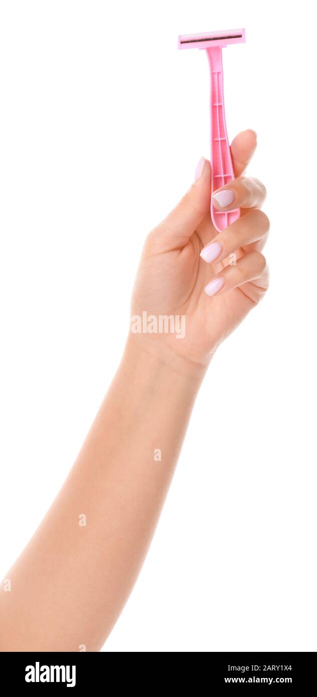 Female hand with razor on white background Stock Photo - Alamy
