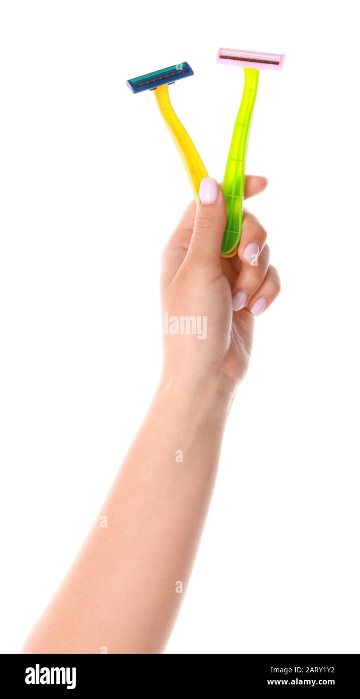 Female hand with razors on white background Stock Photo - Alamy