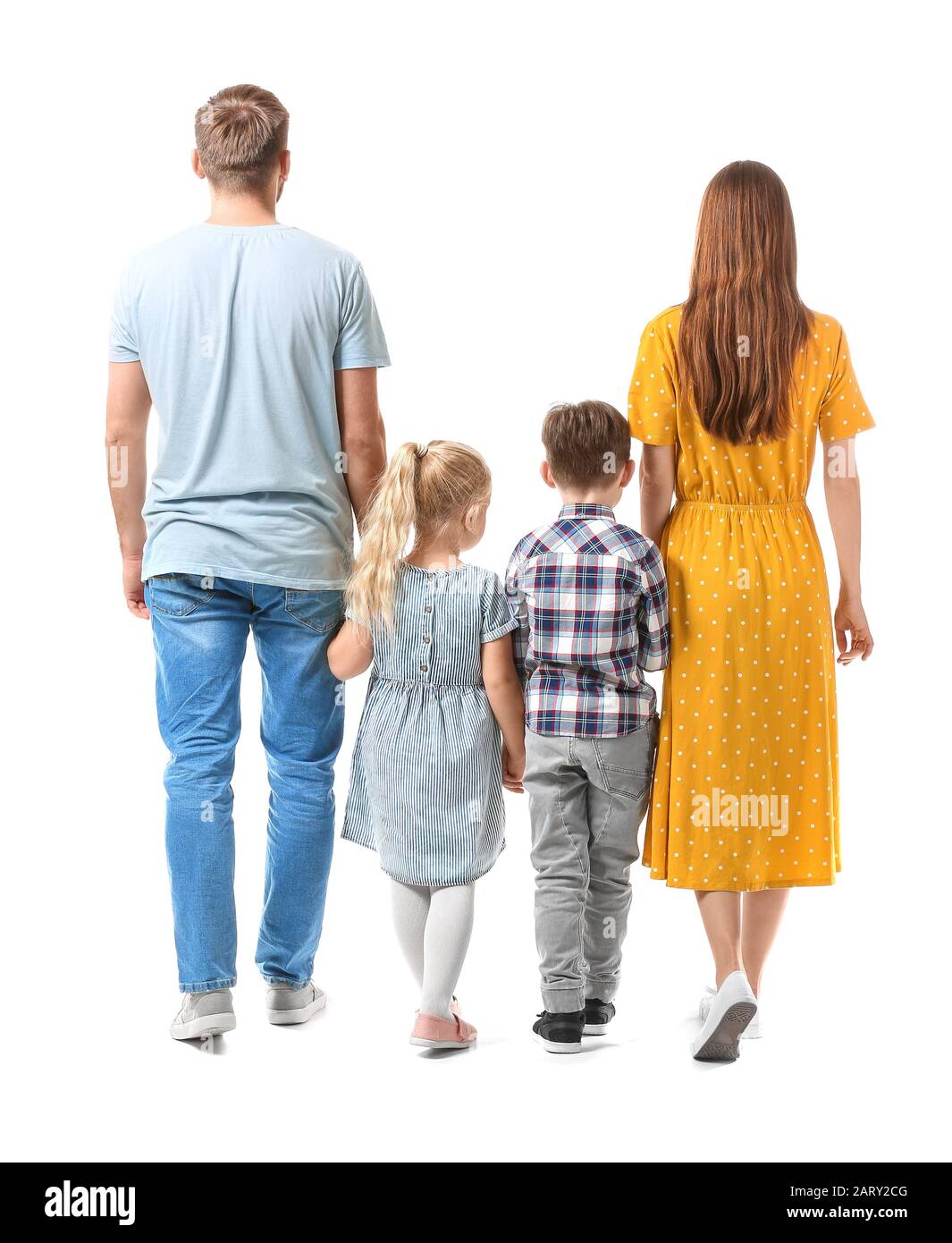 Happy family on white background, back view Stock Photo - Alamy