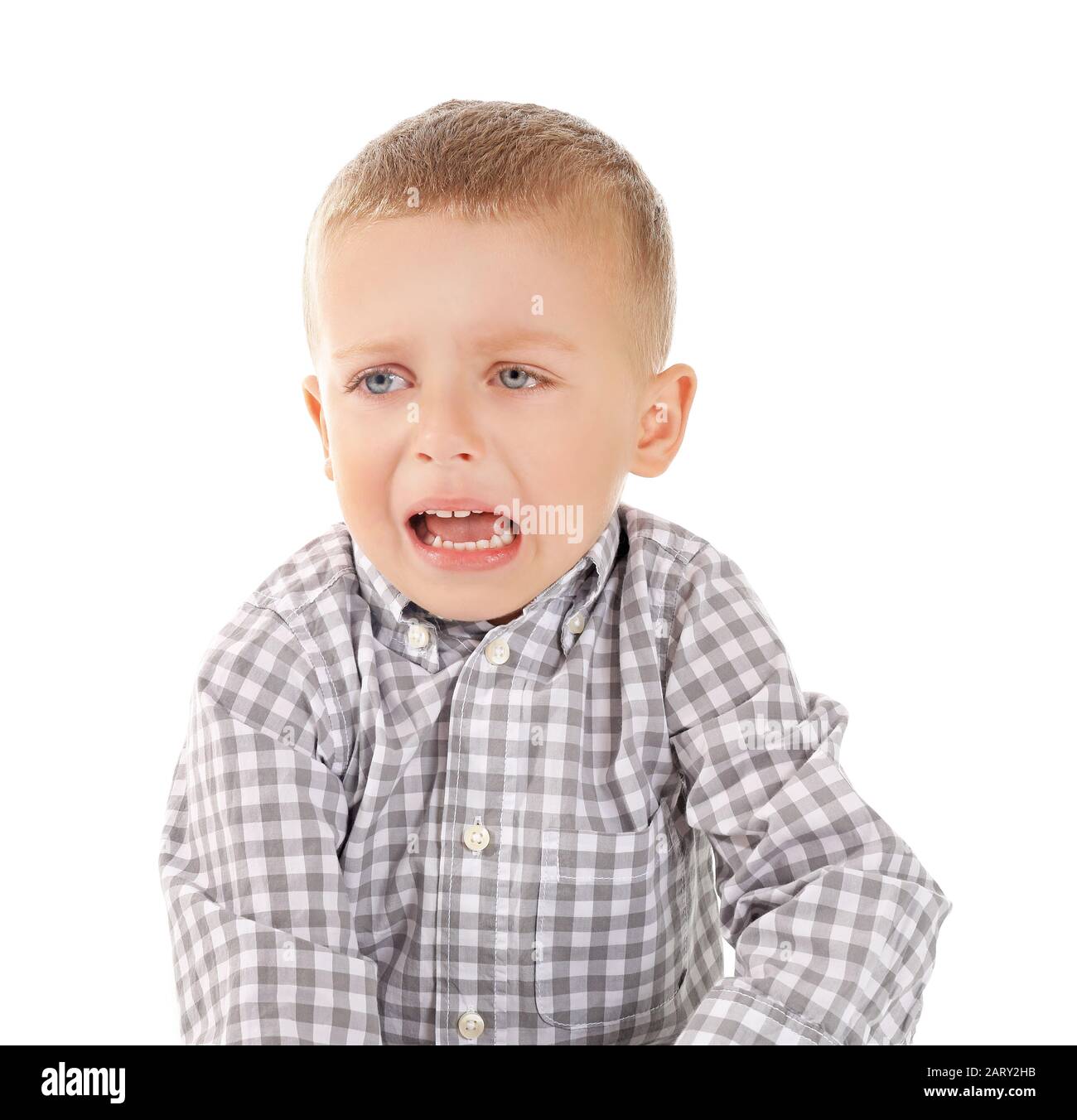 Portrait of sad little boy on white background Stock Photo - Alamy