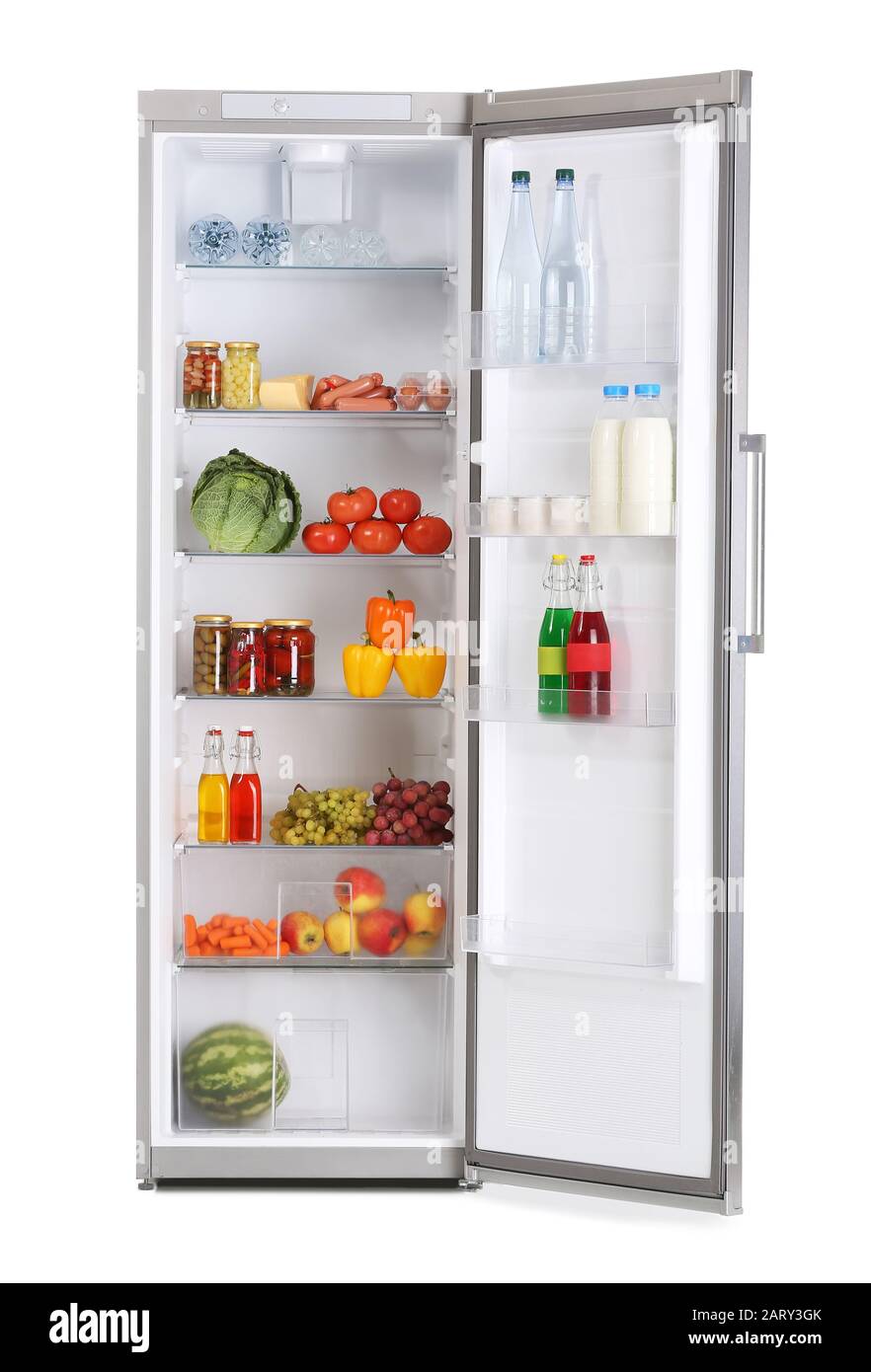 Big modern fridge with fresh products on white background Stock Photo ...