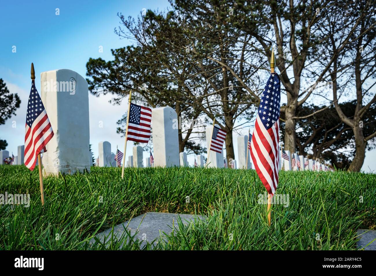 Flags over the graves of veterans on Memorial Day at a southern ...