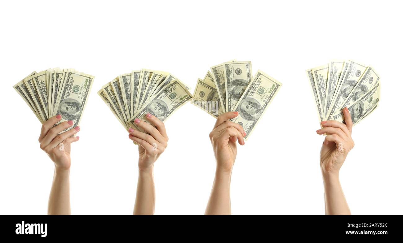Female hands with dollar banknotes on white background Stock Photo - Alamy