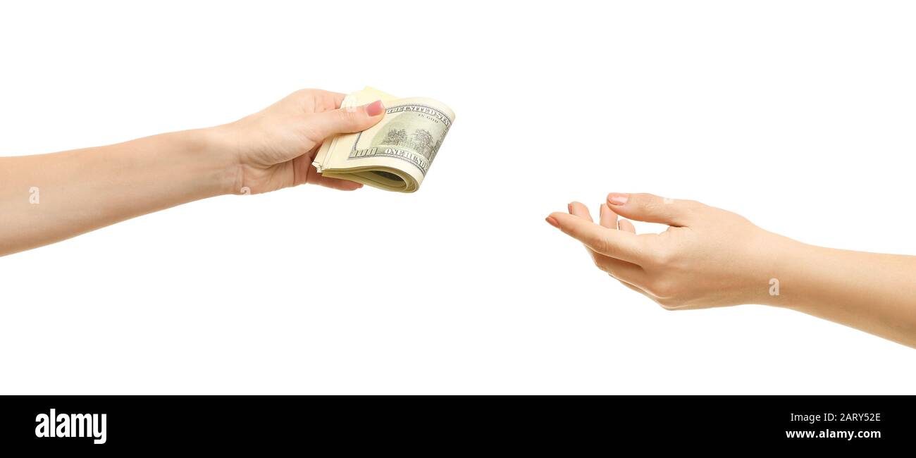 Female hands with dollar banknotes on white background Stock Photo - Alamy