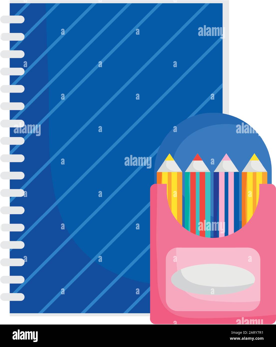 back to school education notebook and colored pencils in box vector ...