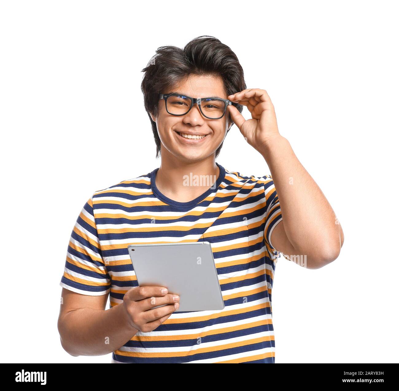 Male Asian programmer with tablet computer on white background Stock ...