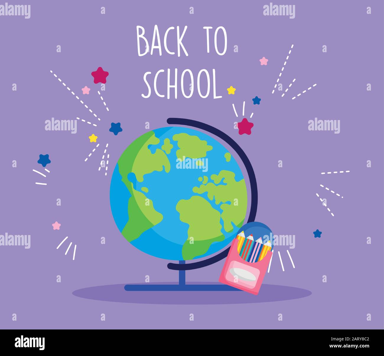 back to school education globe map and pencils color in box vector ...