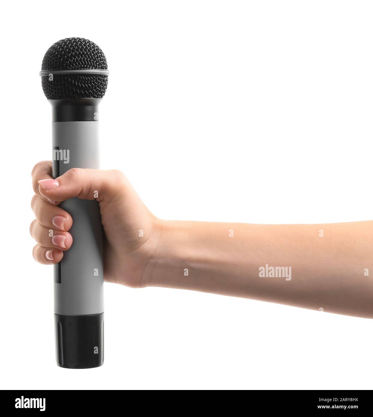 Female hand with microphone on white background Stock Photo - Alamy