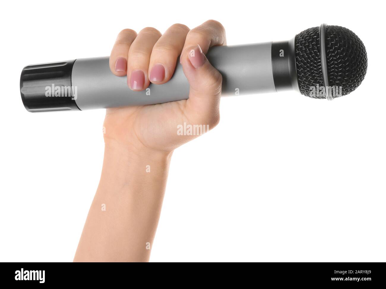 Female hand with microphone on white background Stock Photo - Alamy