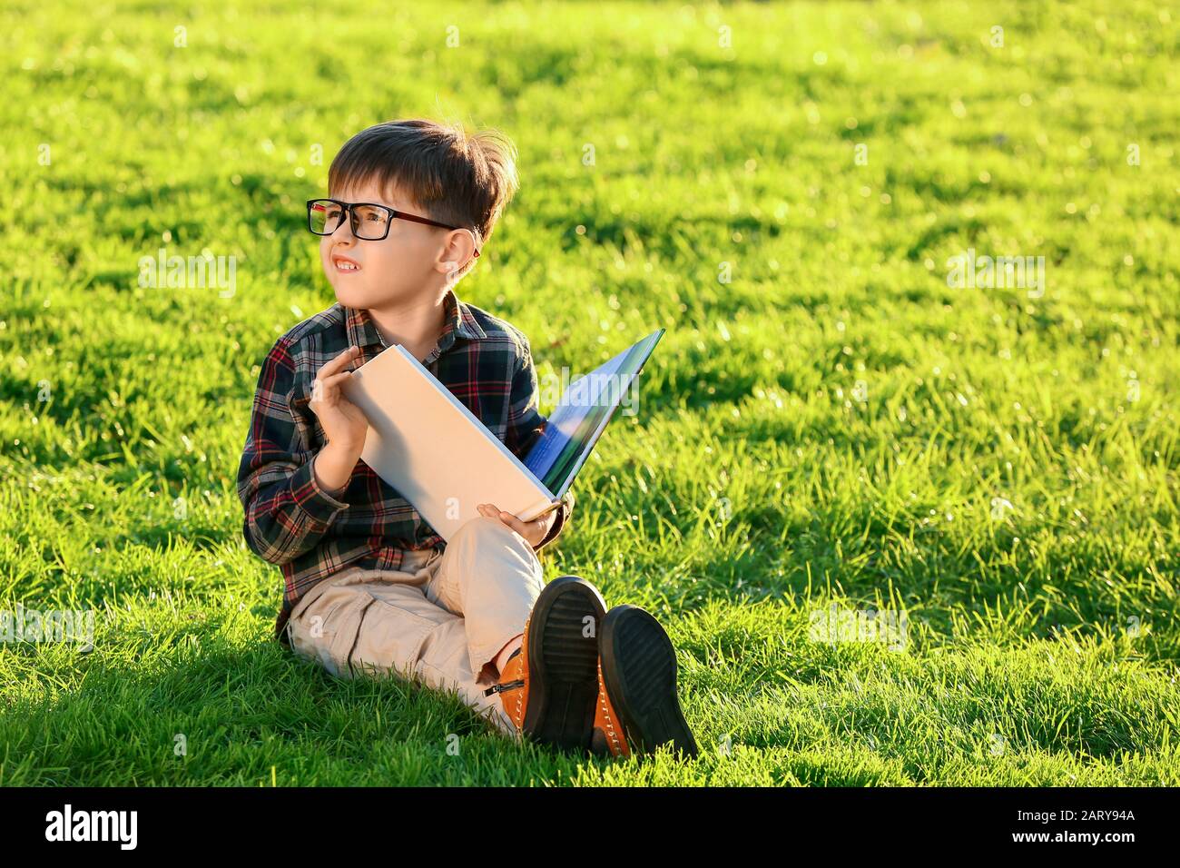 Cute little boy reading book outdoors Stock Photo - Alamy