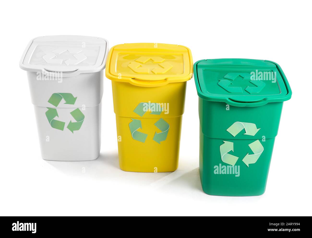 Containers for trash with recycling signs on white background Stock ...