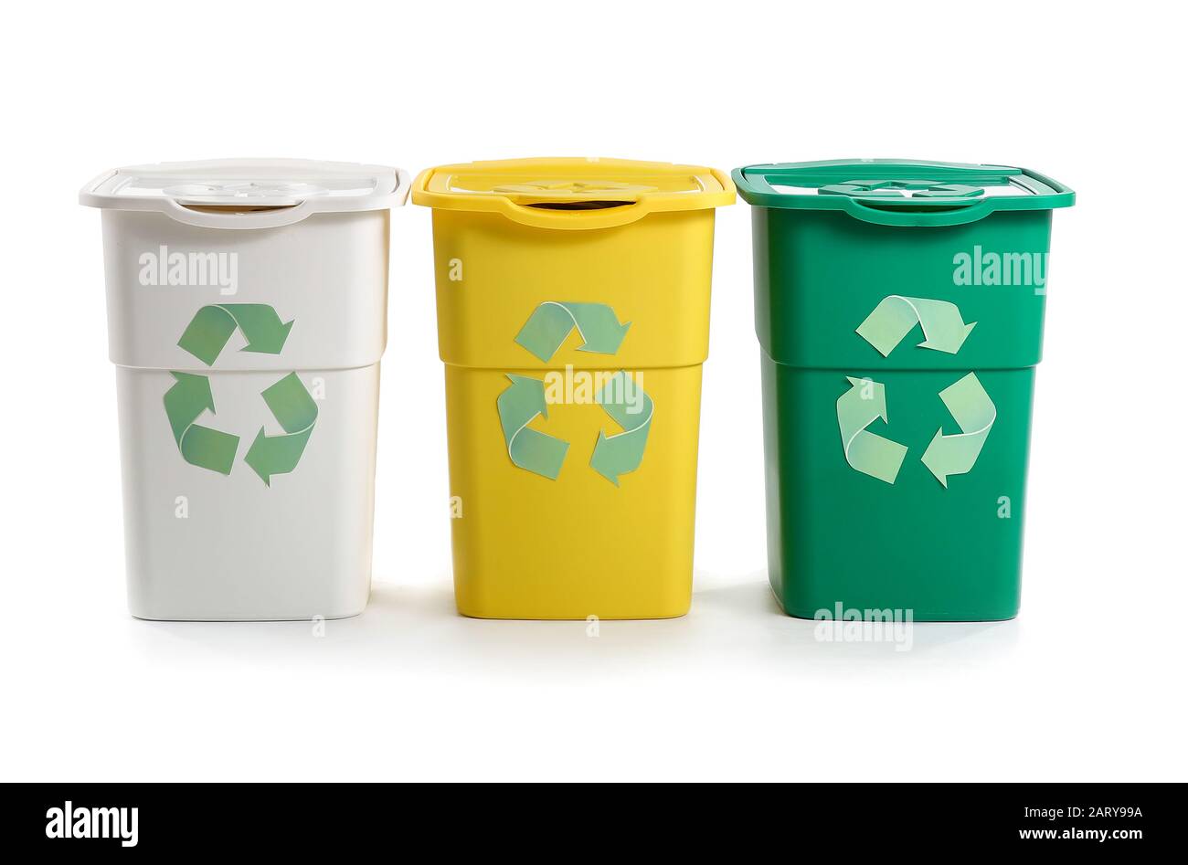 Containers for trash with recycling signs on white background Stock ...