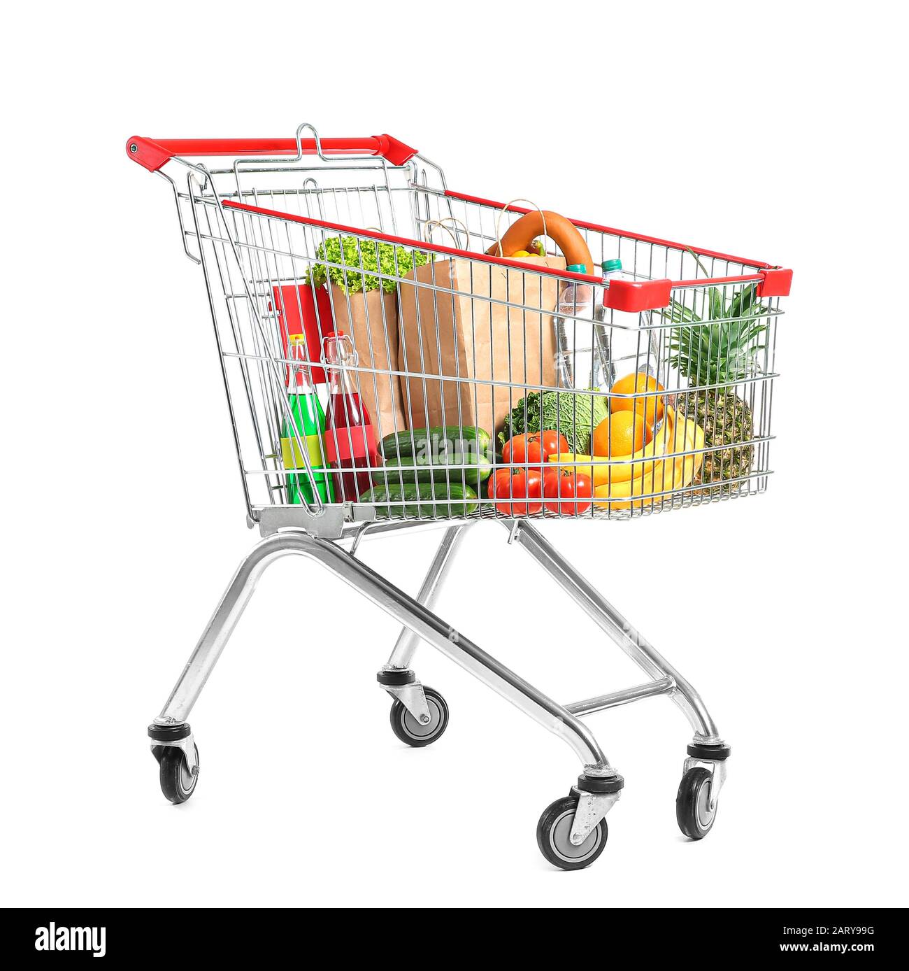 Shopping cart with products on white background Stock Photo - Alamy